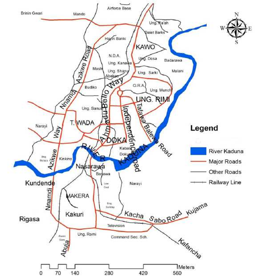 Figure 1. Map of Kaduna metropolis showing major districts considered ...