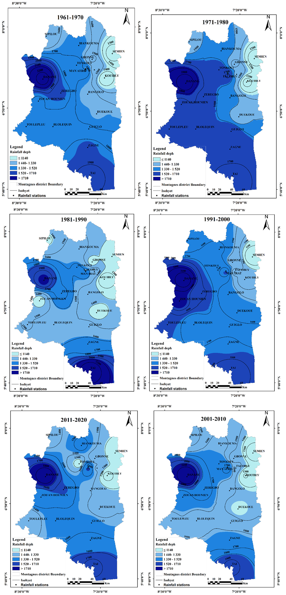 Figure 3. Decadal Rainfall Isohyet Maps for 1961-2020 covering six (6 ...
